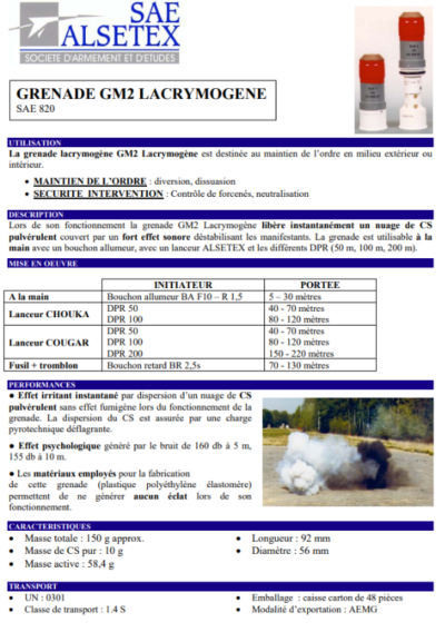 Grenade GM2L - Alsetex SAE 820 - Maintien de l'ordre